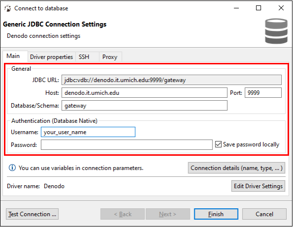 Denodo - JDBC Connection Settings - Main tab / ITS Documentation